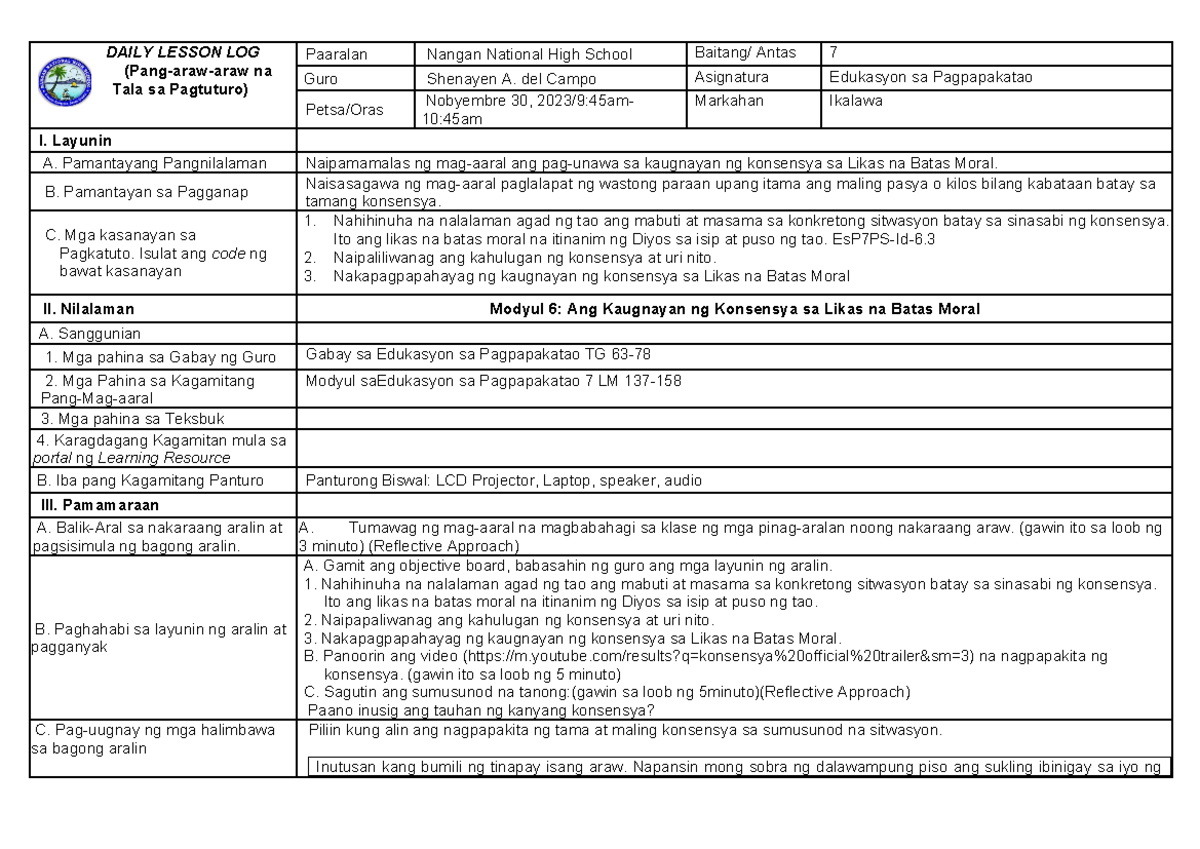 7Module 6 nov30 - lesson plan - DAILY LESSON LOG (Pang-araw-araw na ...