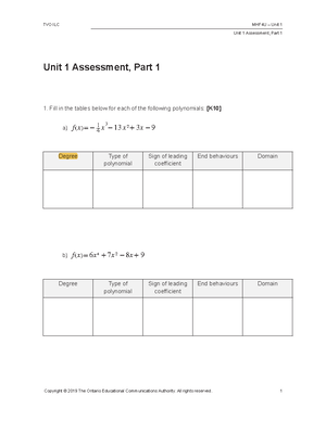 Mhf4u unit1 assessment part2 - Unit 1 Assessment, Part 2 f( x) = − x 2 ...