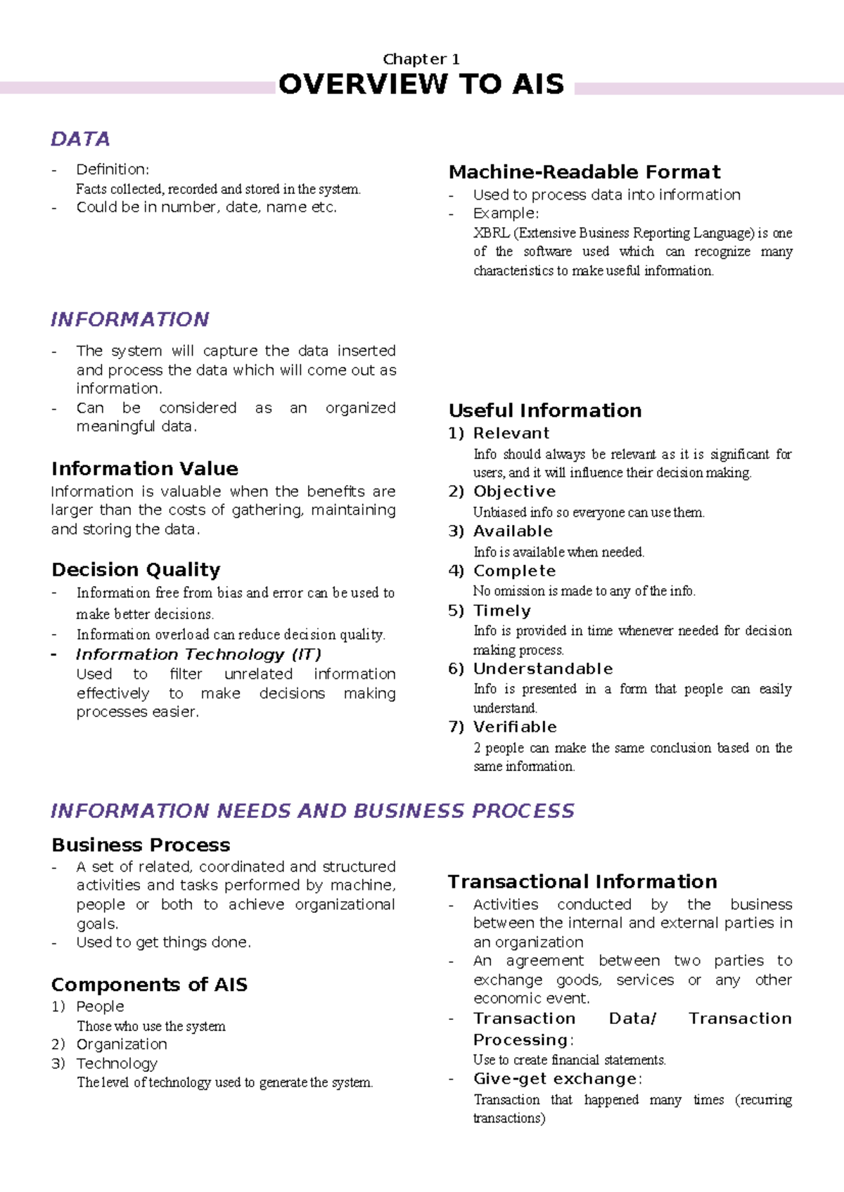 Chapter 1 - Chapter 1 OVERVIEW TO AIS DATA - Definition: Facts collected, recorded and stored in ...