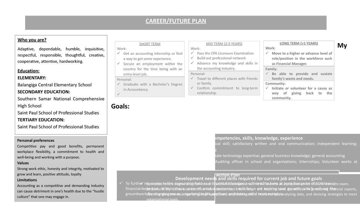 Career-PLAN - CAREER PLAN - My Goals: CAREER/FUTURE PLAN Who you are ...