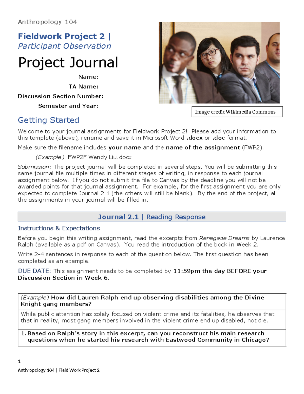 FWP2 Project Journal Template Fall 2024 - Anthropology 104 Fieldwork ...