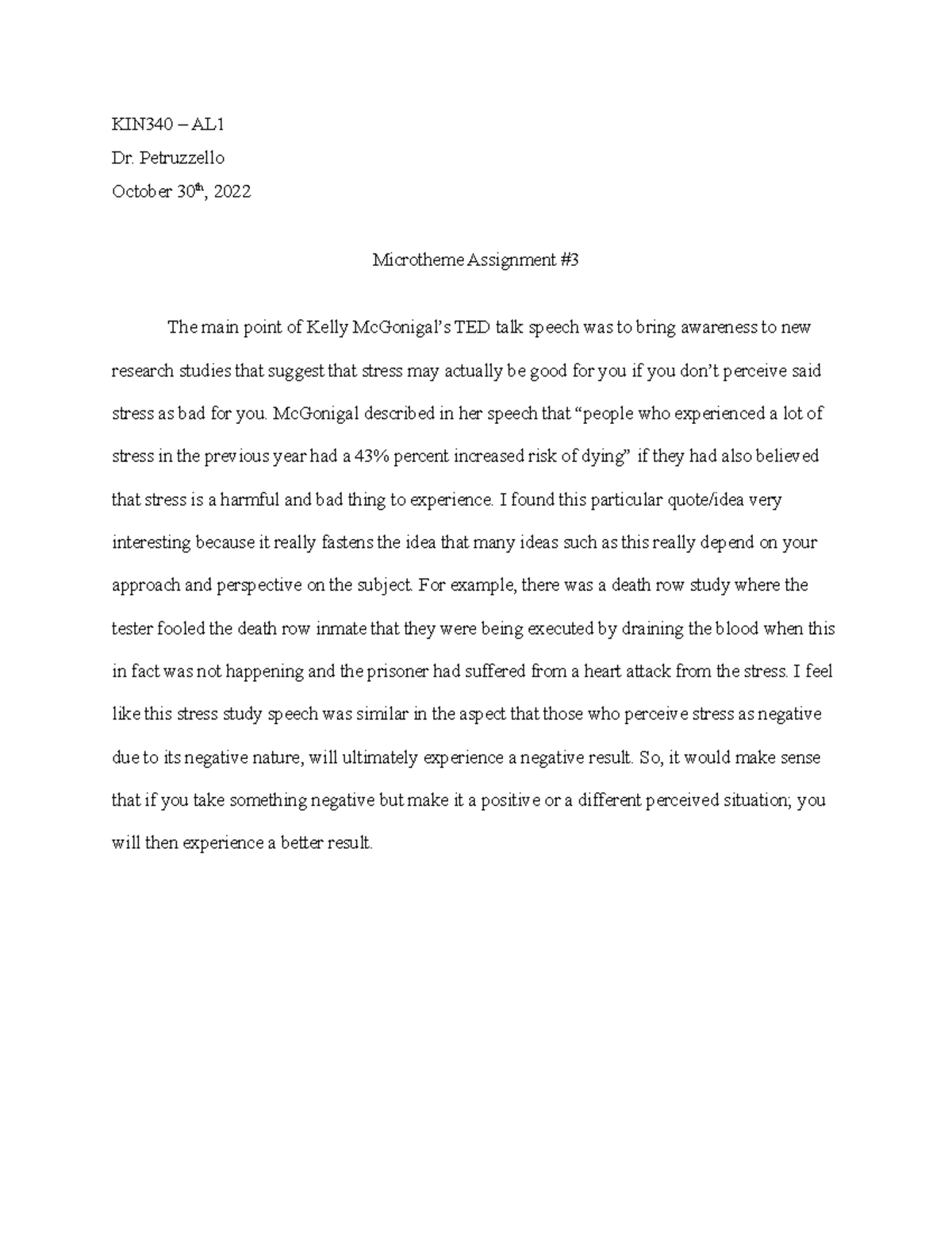 Microtheme Assignment #3 - KIN340 - KIN340 – AL Dr. Petruzzello October 30th, 2022 Microtheme ...