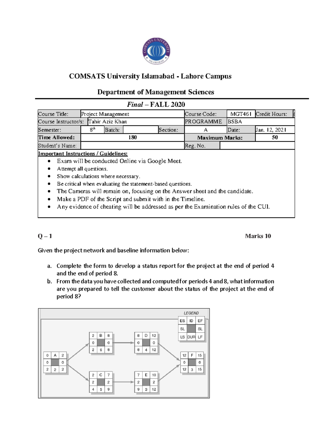 Q-Paper Final-BBA-FA17 Exam - COMSATS University Islamabad - Lahore ...