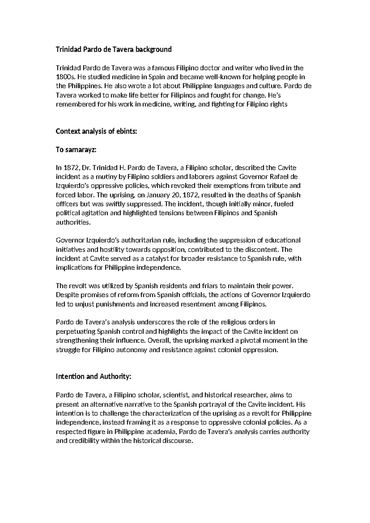 Summary of Historical Event - Trinidad Pardo de Tavera background ...