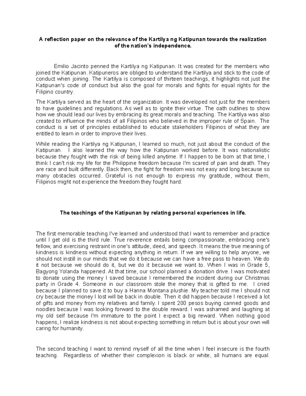 Activity 2 riph - A reflection paper on the relevance of the Kartilya ...