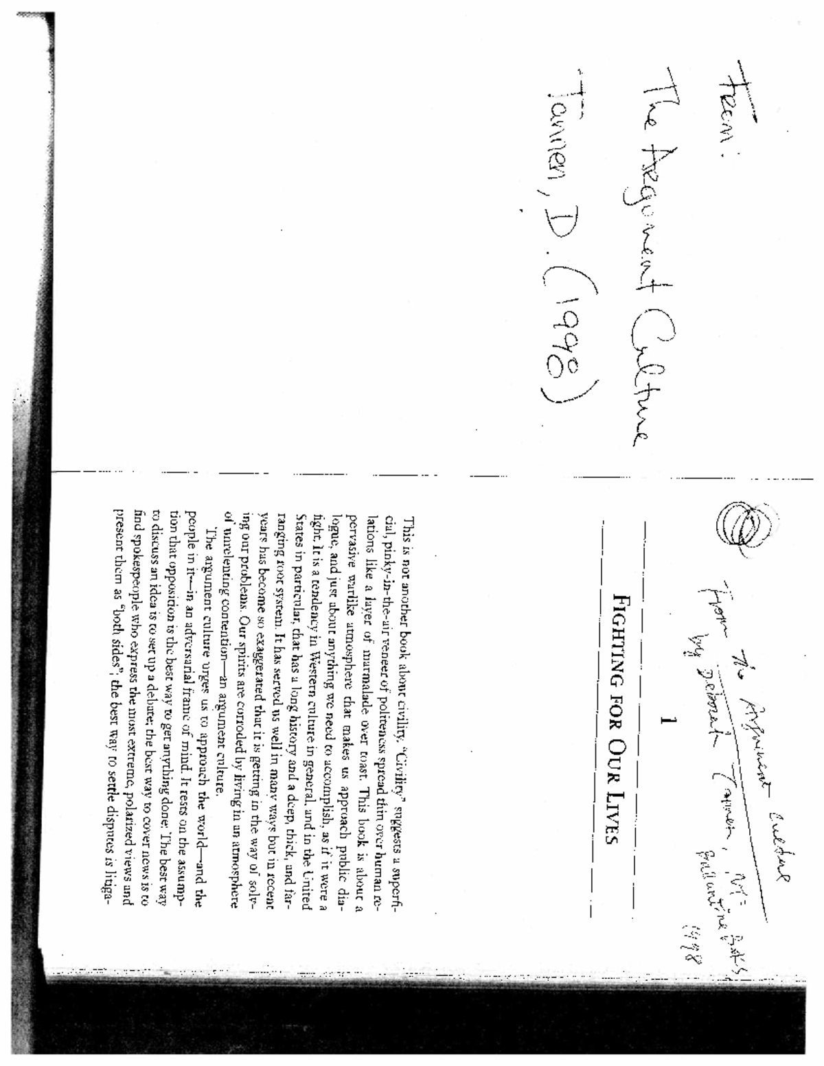 Tannen - chapter 1 of Argument Culture - FTVE-260 - Studocu