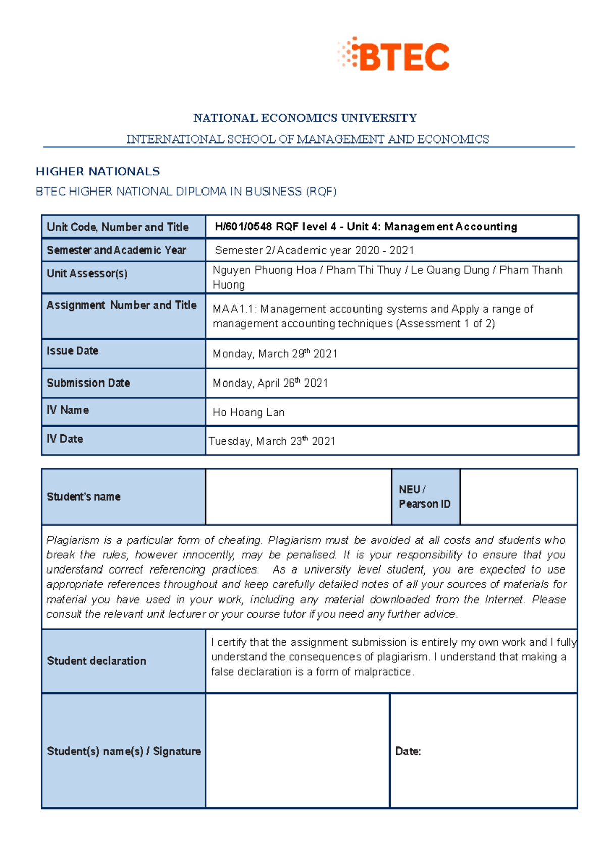 MA assignment #1 - NATIONAL ECONOMICS UNIVERSITY INTERNATIONAL SCHOOL ...