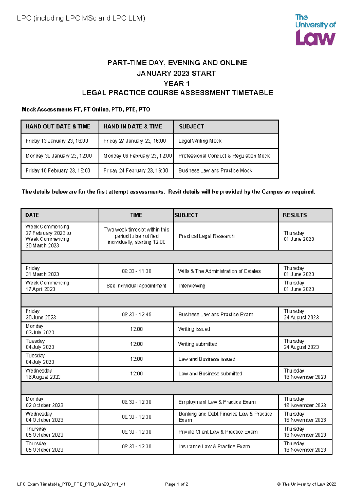 LPC Exam Timetable PTD PTE PTO Jan23 Yr1 v1 - LPC (including LPC MSc ...