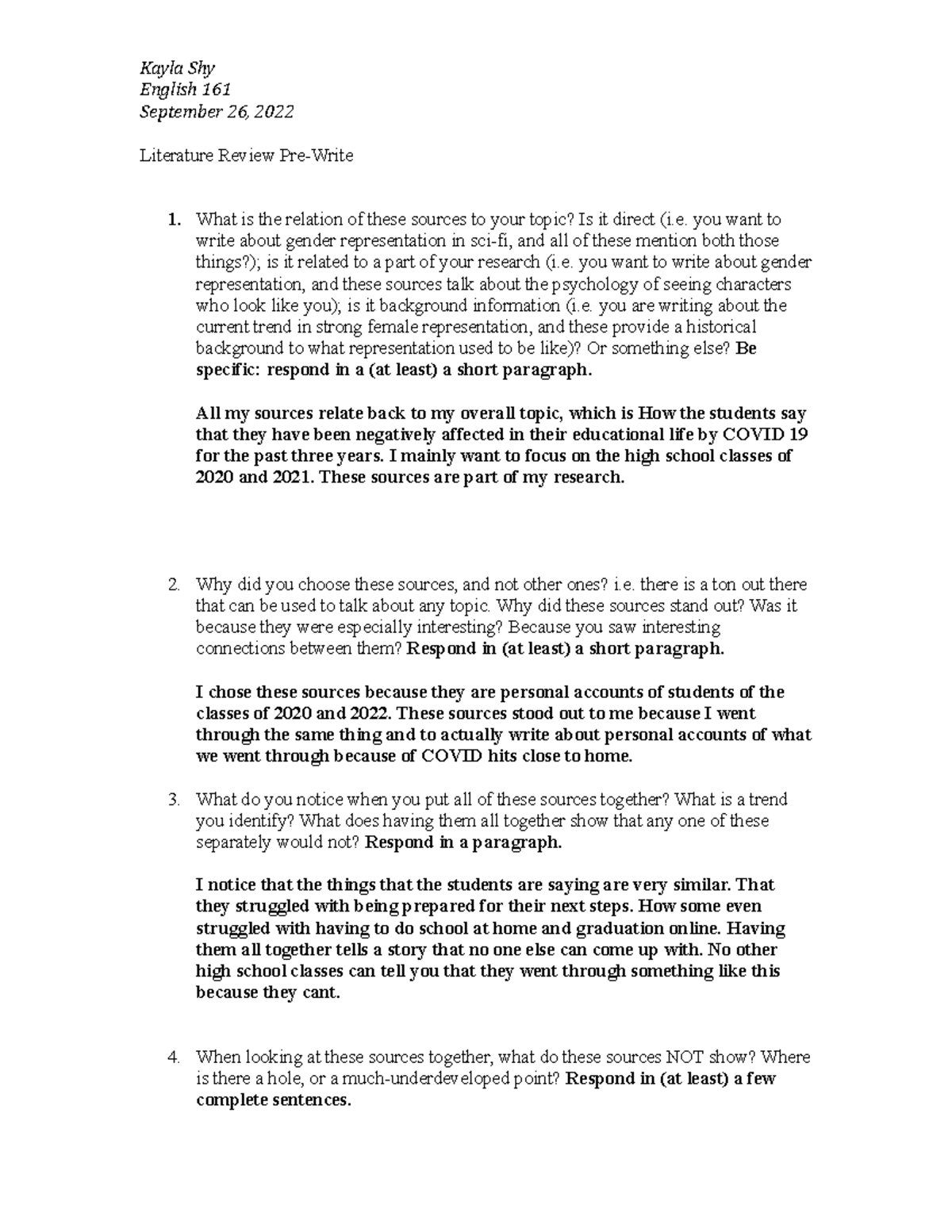 Lit review pre-write - Kayla Shy English 161 September 26, 2022 ...