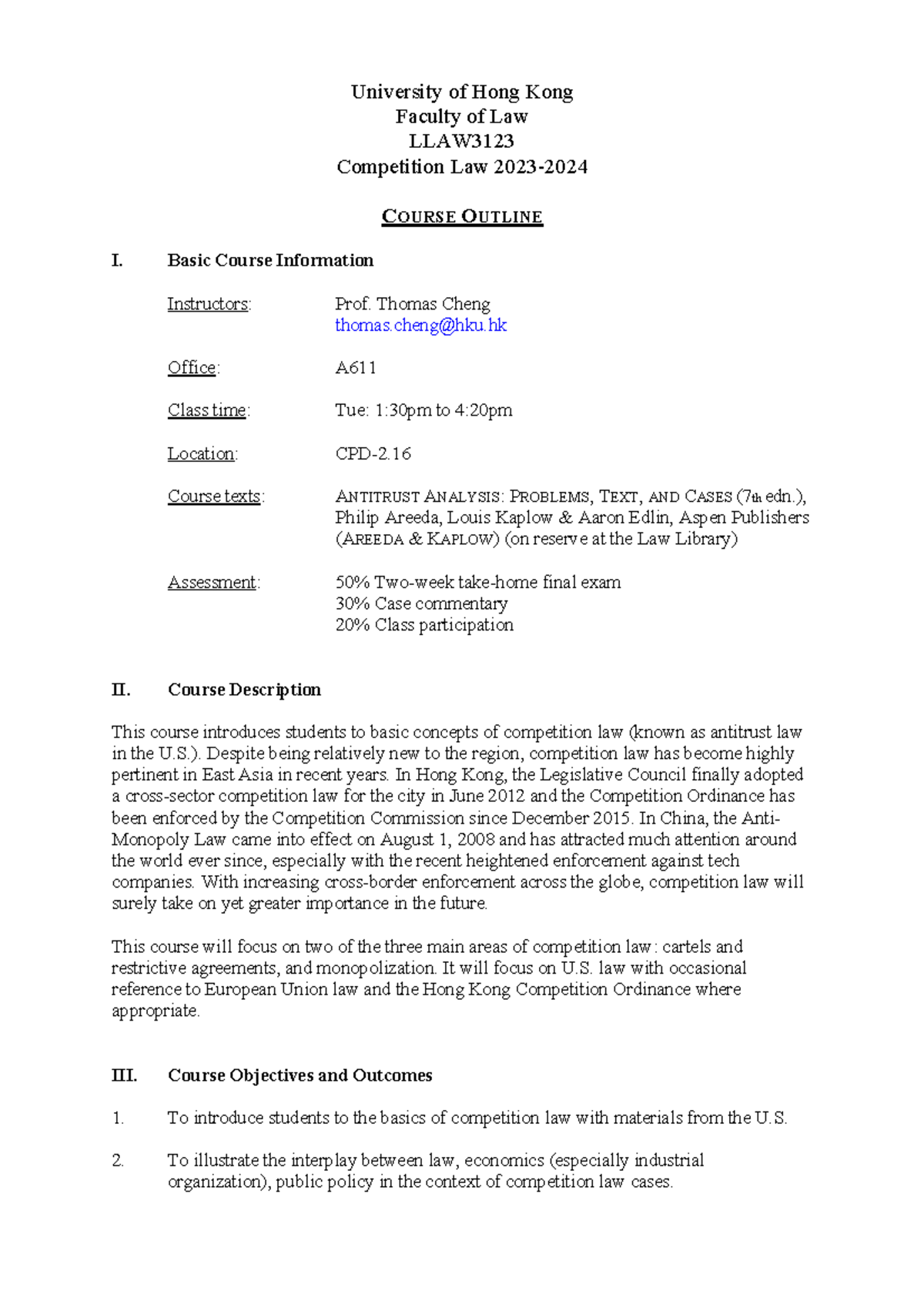 Competition Law 23-24 (LLB) Course Outline - University of Hong Kong ...