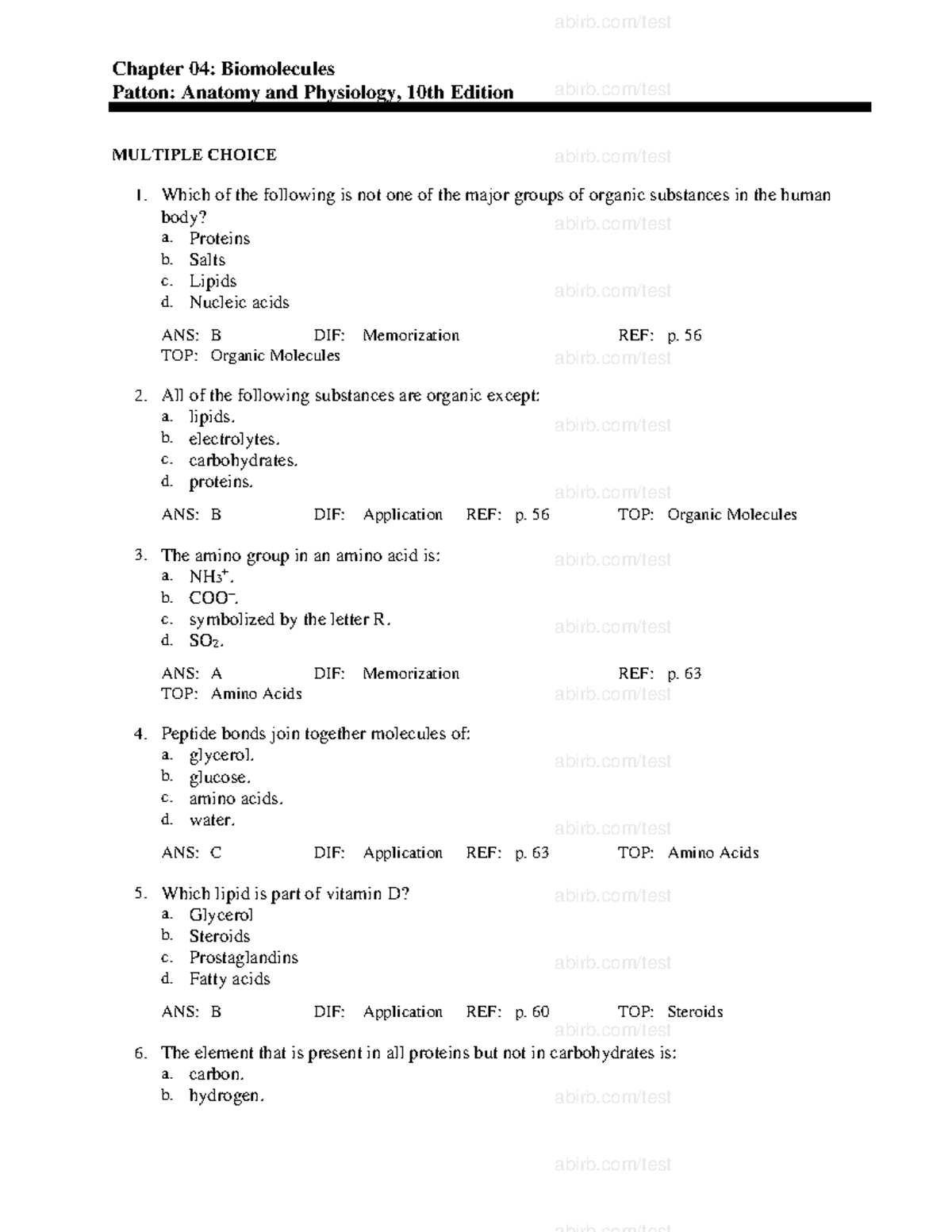4 - Answer Key - Chapter 04: Biomolecules Patton: Anatomy and ...