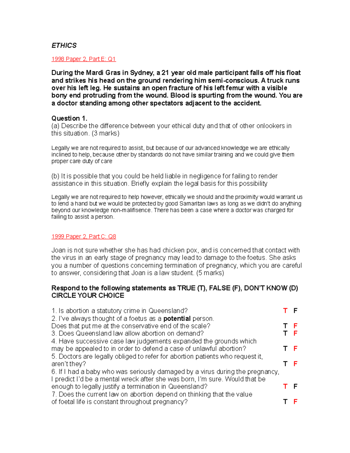 Ethics exam practice questions - ETHICS 1998 Paper 2, Part E: Q1 During ...