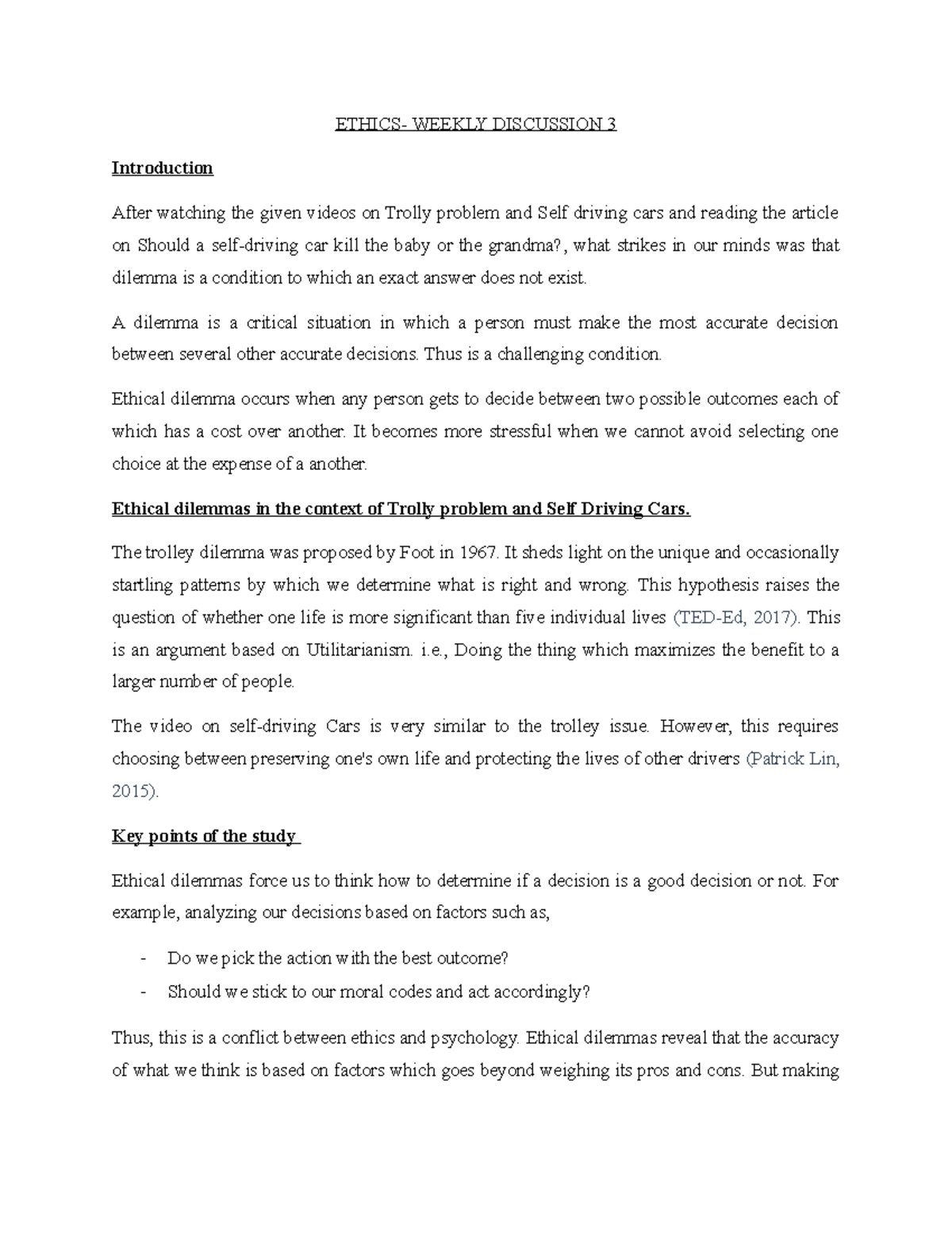 Discussion forum 3 - Ethics - ETHICS- WEEKLY DISCUSSION 3 Introduction ...