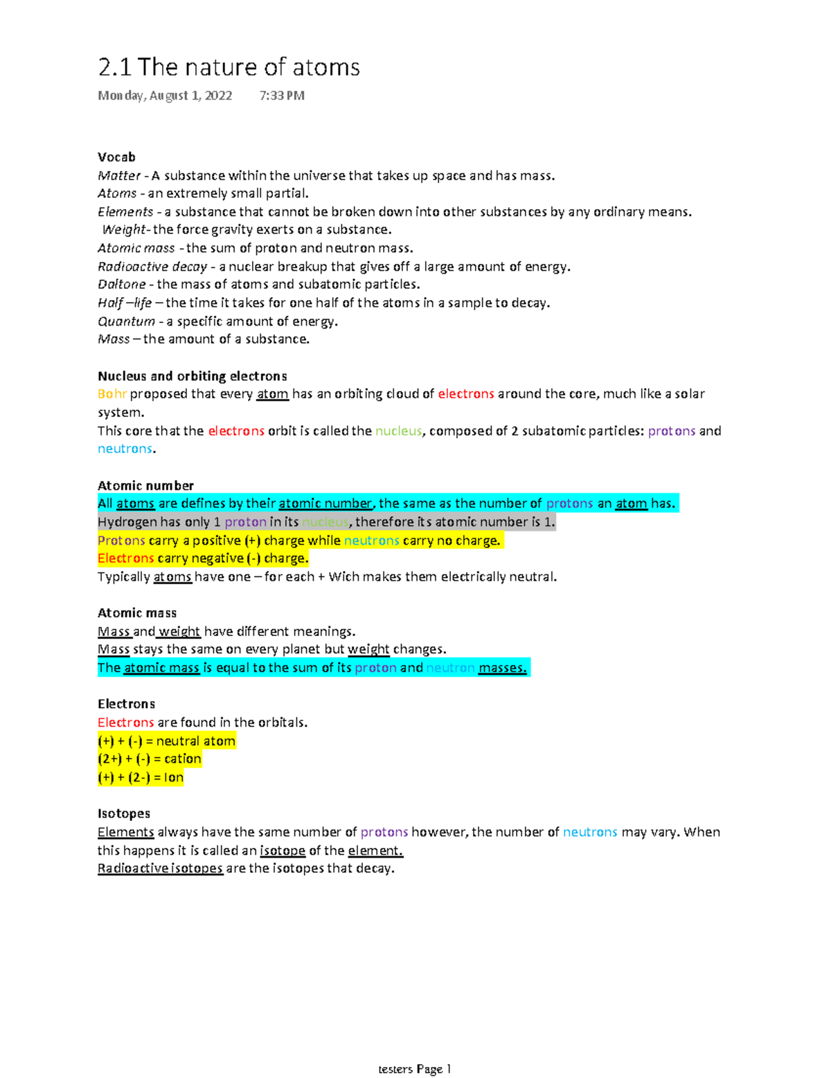 2.1 The nature of atoms - Vocab Matter - A substance within the ...
