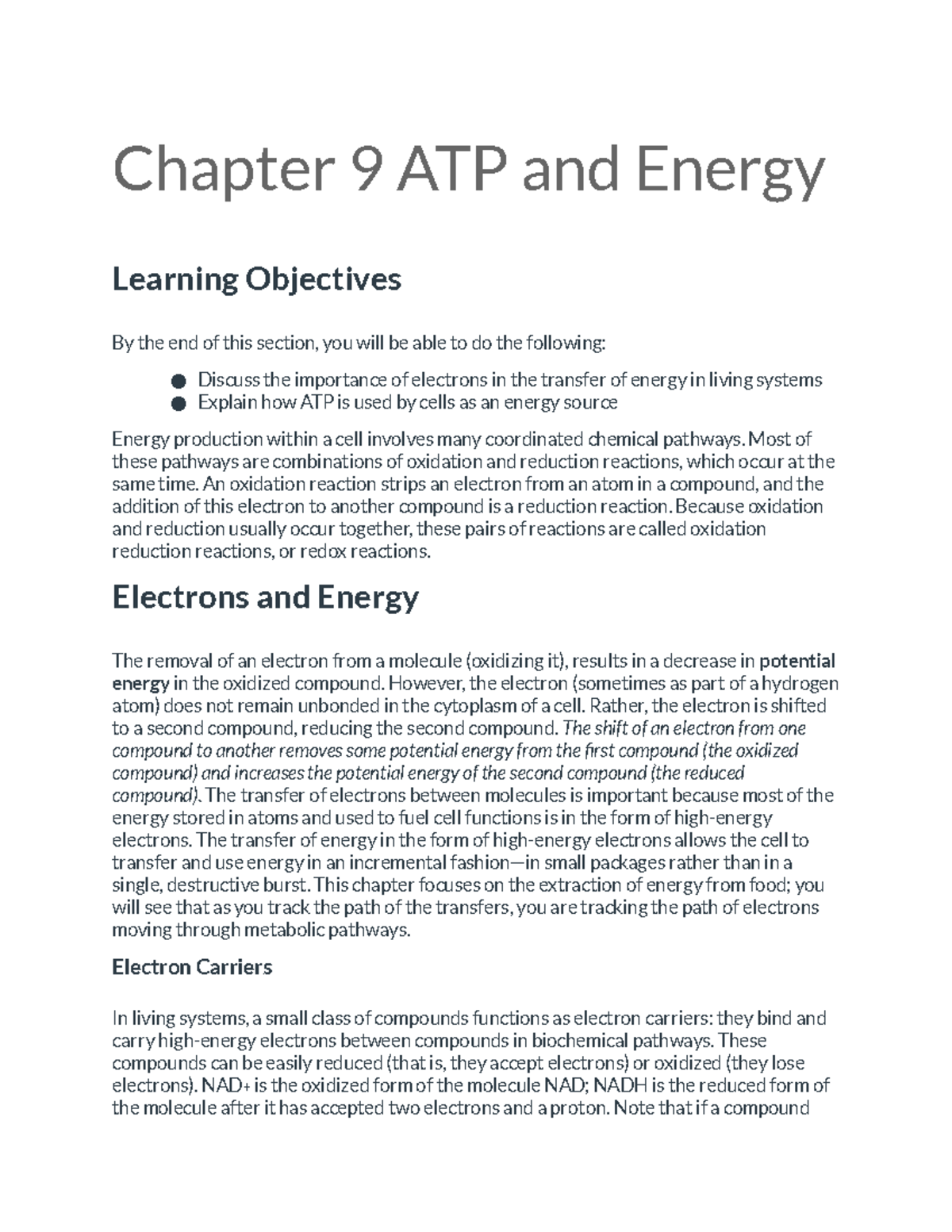 Energy and ATP reading - Chapter 9 ATP and Energy Learning Objectives ...