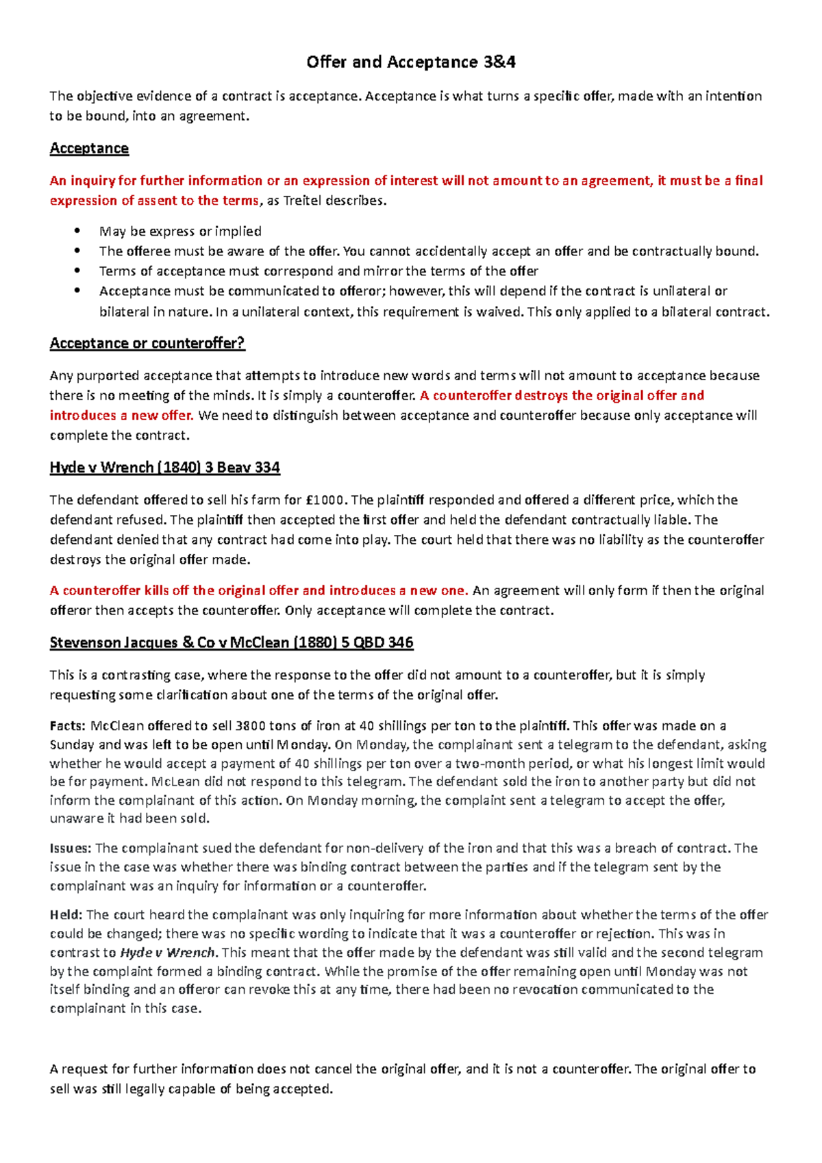 Offer and Acceptance 3&4 - Acceptance is what turns a specific offer ...