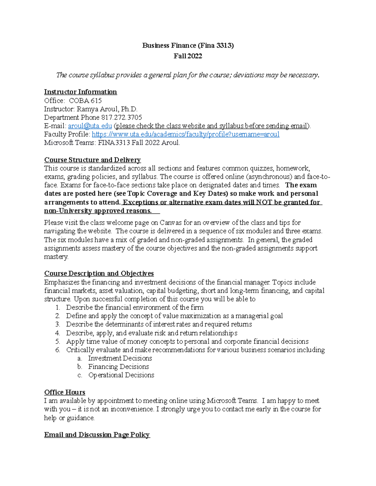 FINA-3313 - it is a syllabus - Business Finance (Fina 3313) Fall 2022 The course syllabus ...