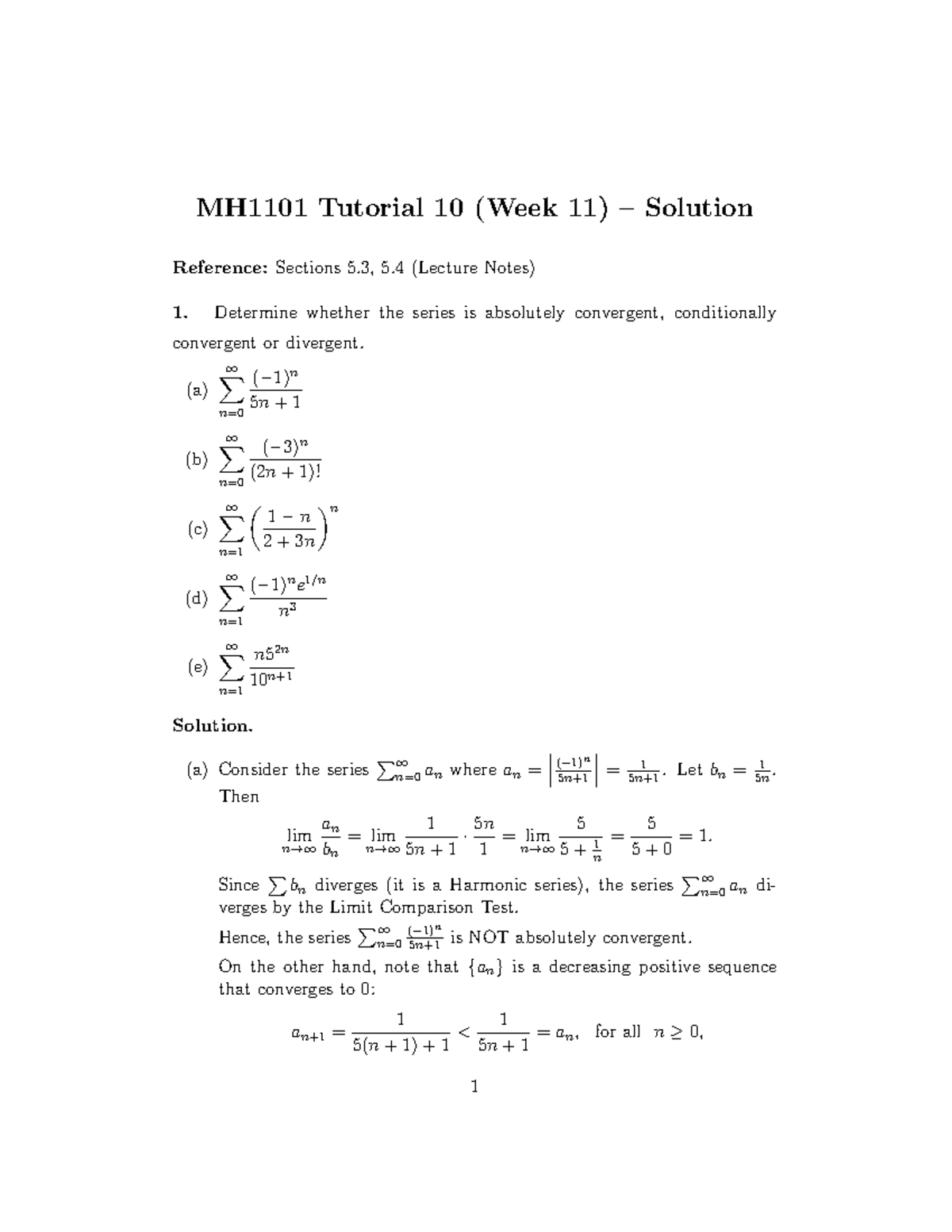 Tutorial 10 Solution Calculus Assign Mh1101 Tutorial 10 Week 11 Solution Reference