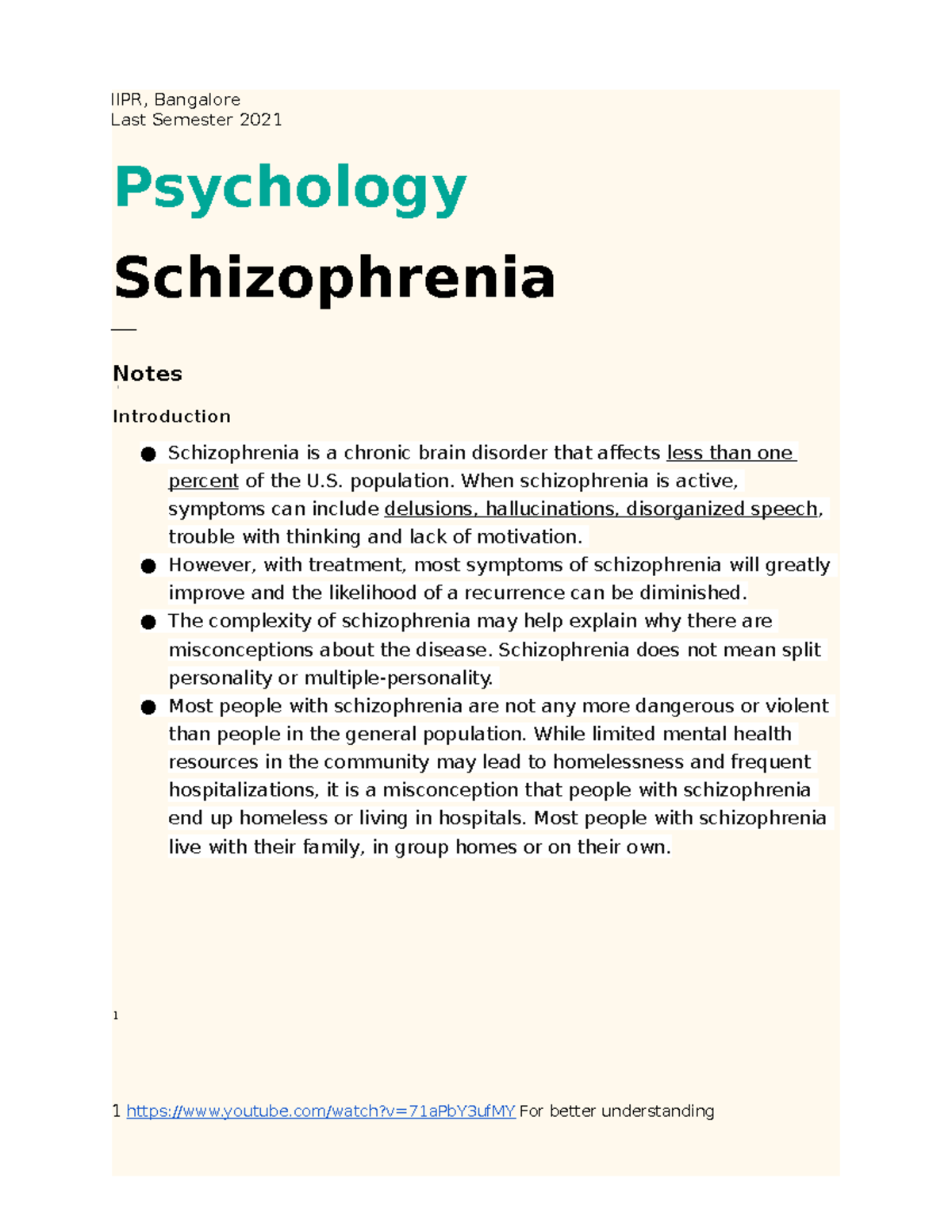 Class notes on schizophrenia - IIPR, Bangalore Last Semester 2021 ...
