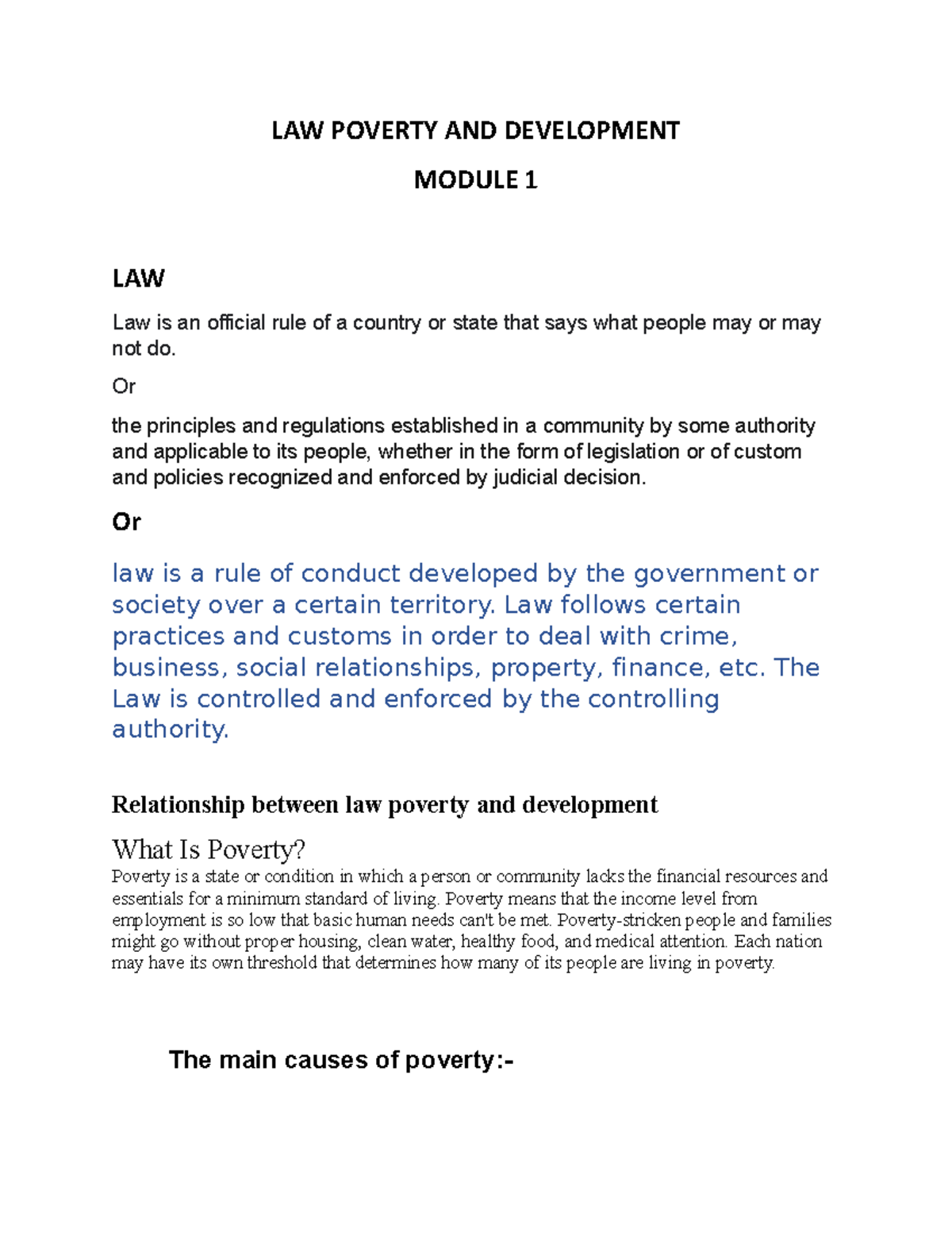 Module-1 - module 1 - LAW POVERTY AND DEVELOPMENT MODULE 1 LAW Law is ...