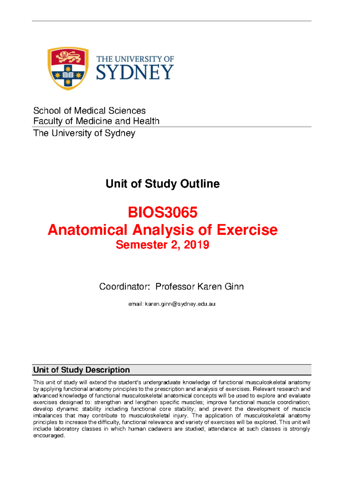 BIOS3065 Unit Outline - School of Medical Sciences Faculty of Medicine ...
