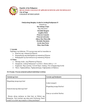 DLP Flipino Pandiwa Detailed Lesson Plan Sa Pagtuturo Ng Filipino Sa ...