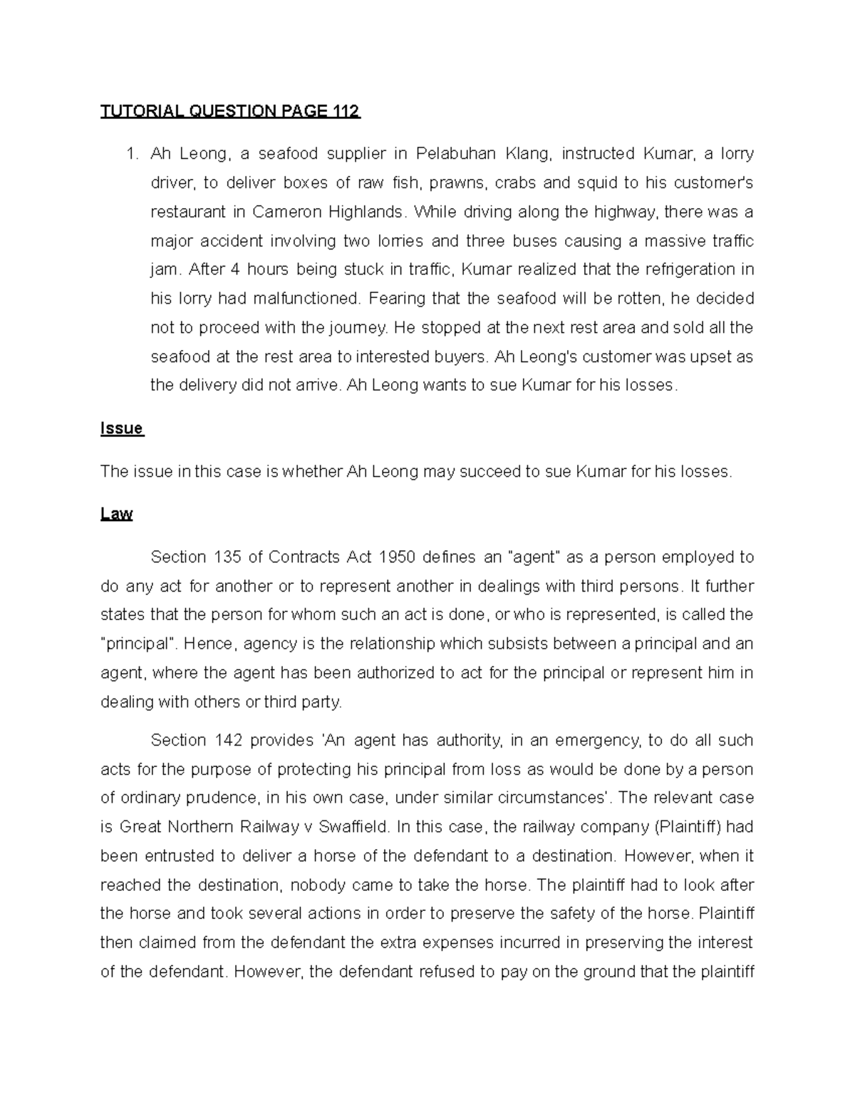 Law299 tutorial 5 - Business Law - TUTORIAL QUESTION PAGE 112 Ah Leong ...