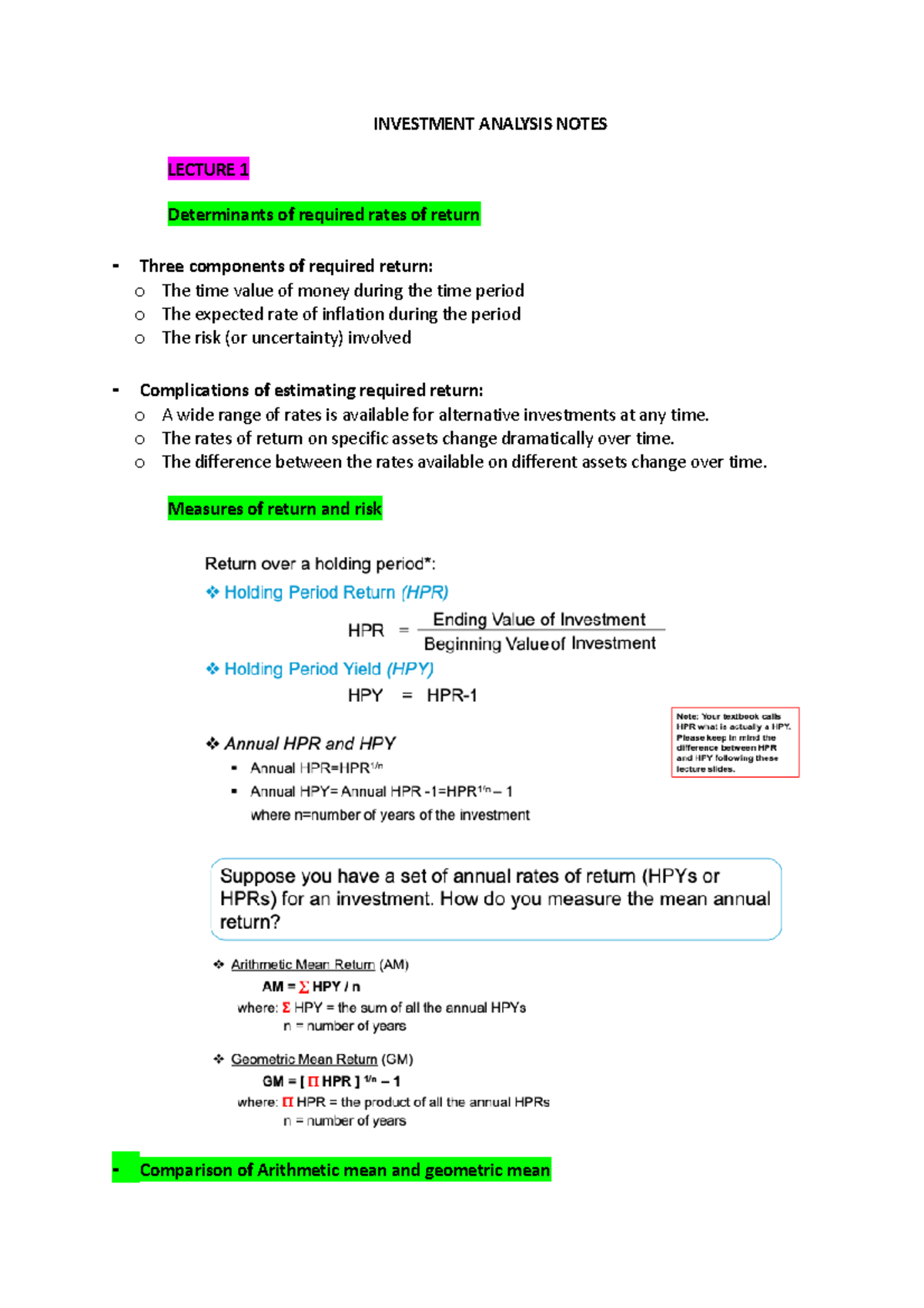Investment Analysis Notes - INVESTMENT ANALYSIS NOTES LECTURE 1 ...
