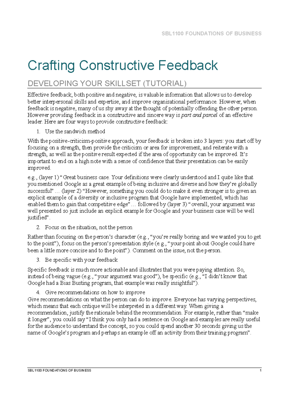 Crafting constructive feedback tutorial online 2 - SBL1100 FOUNDATIONS ...