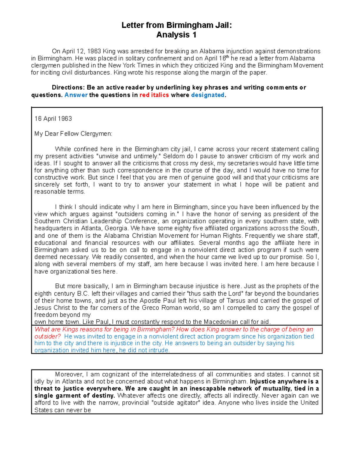 birmingham analysis 1 - Letter from Birmingham Jail: Analysis 1 On ...