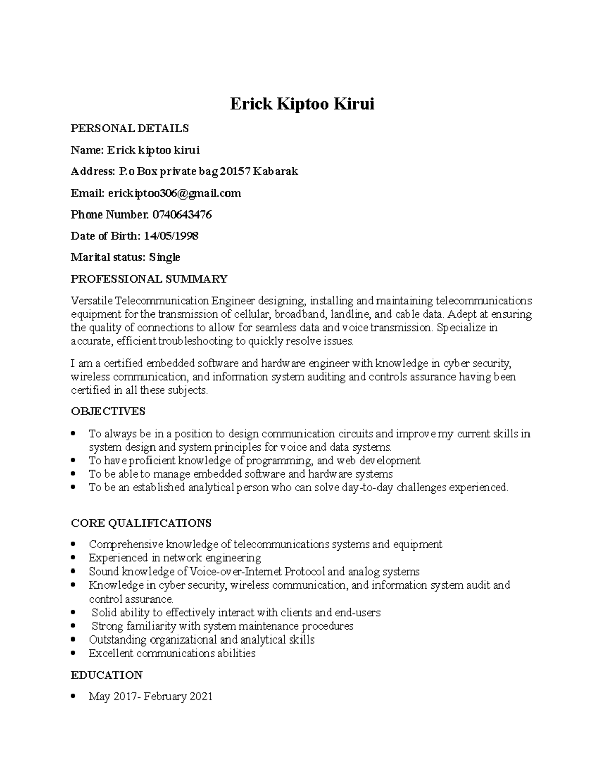 Eric 2021 - thanks - Erick Kiptoo Kirui PERSONAL DETAILS Name: Erick ...