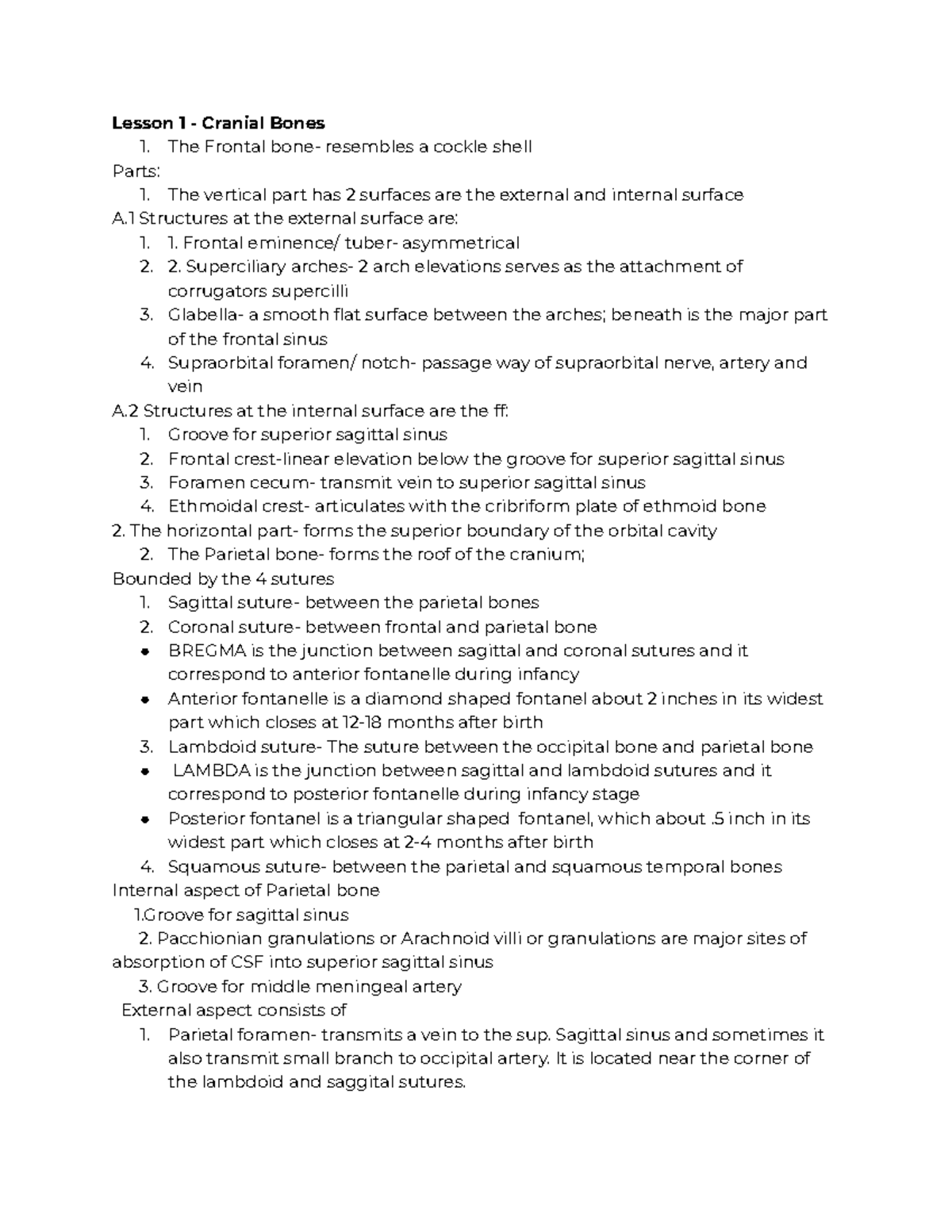 Bones OF THE FACE - Lecture notes 1 - Lesson 1 - Cranial Bones 1. The ...