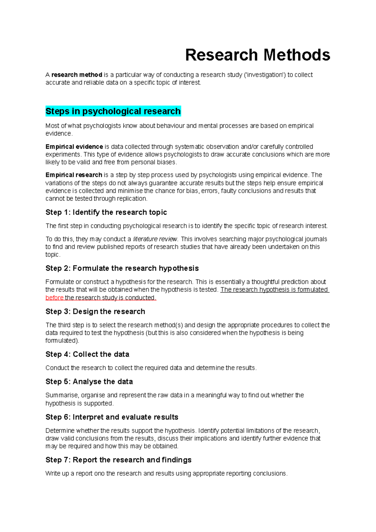 Psych exam revision unit 1 - Research Methods A research method is a ...