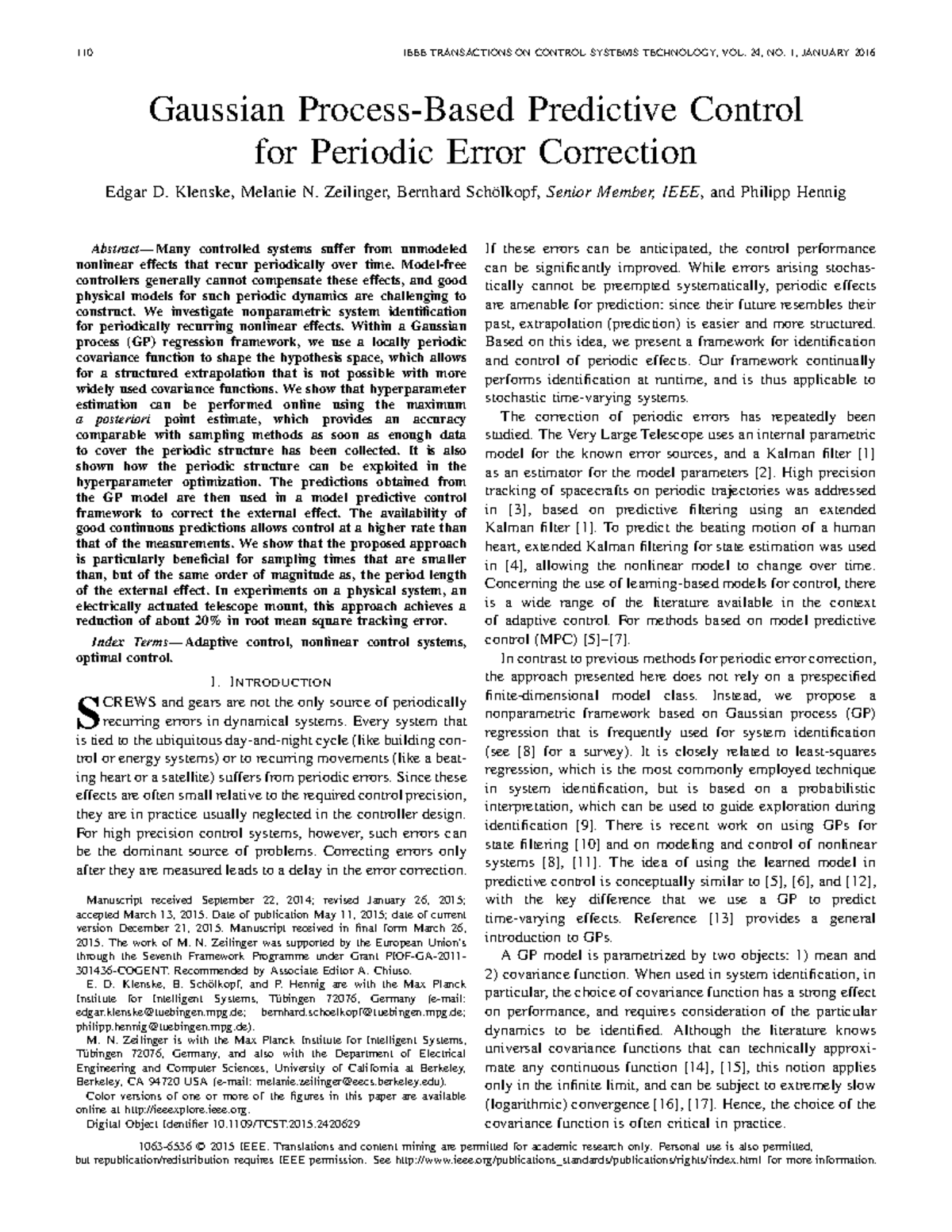 Tnnls - 110 IEEE TRANSACTIONS ON CONTROL SYSTEMS TECHNOLOGY, VOL. 24 ...