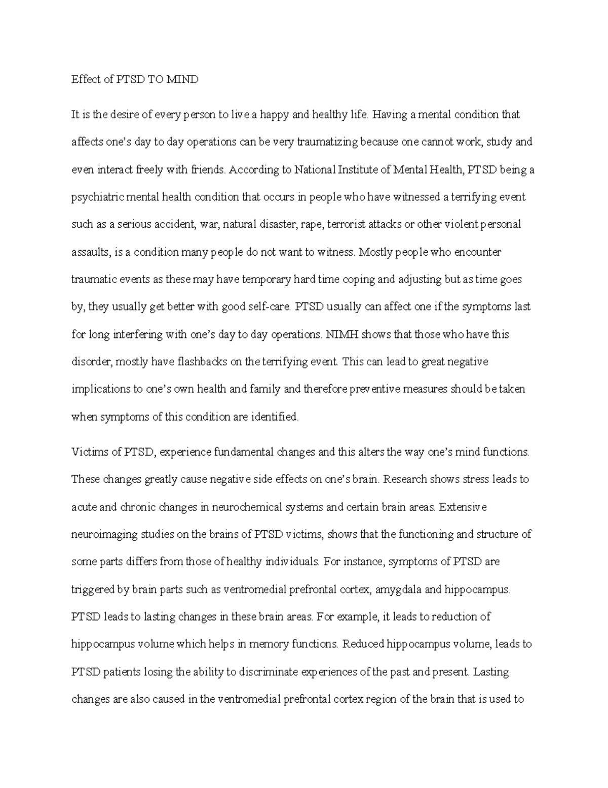 Effects OF ptsd - Effect of PTSD TO MIND It is the desire of every ...