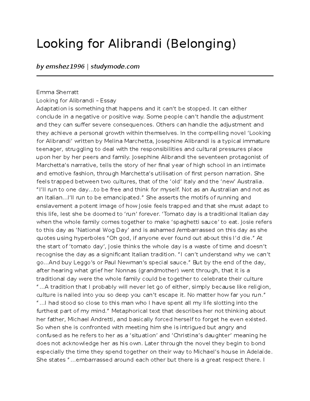 Essay 2 - Lecture notes 2 - Looking for Alibrandi (Belonging) by ...