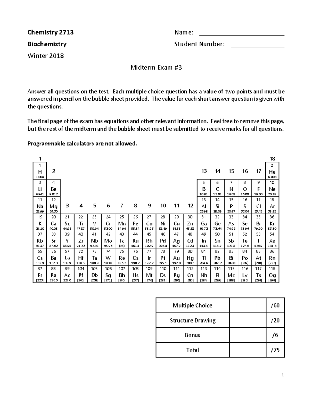 Biochem Midterm 3 Winter 2018 Solutions - Chemistry 2713 Name ...