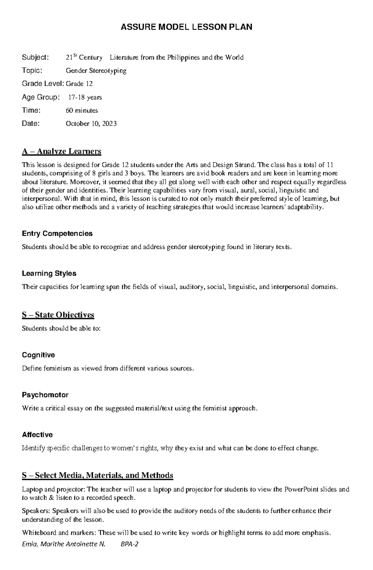 Assure Model Lesson PLAN Final - ASSURE MODEL LESSON PLAN Subject: 21 ...