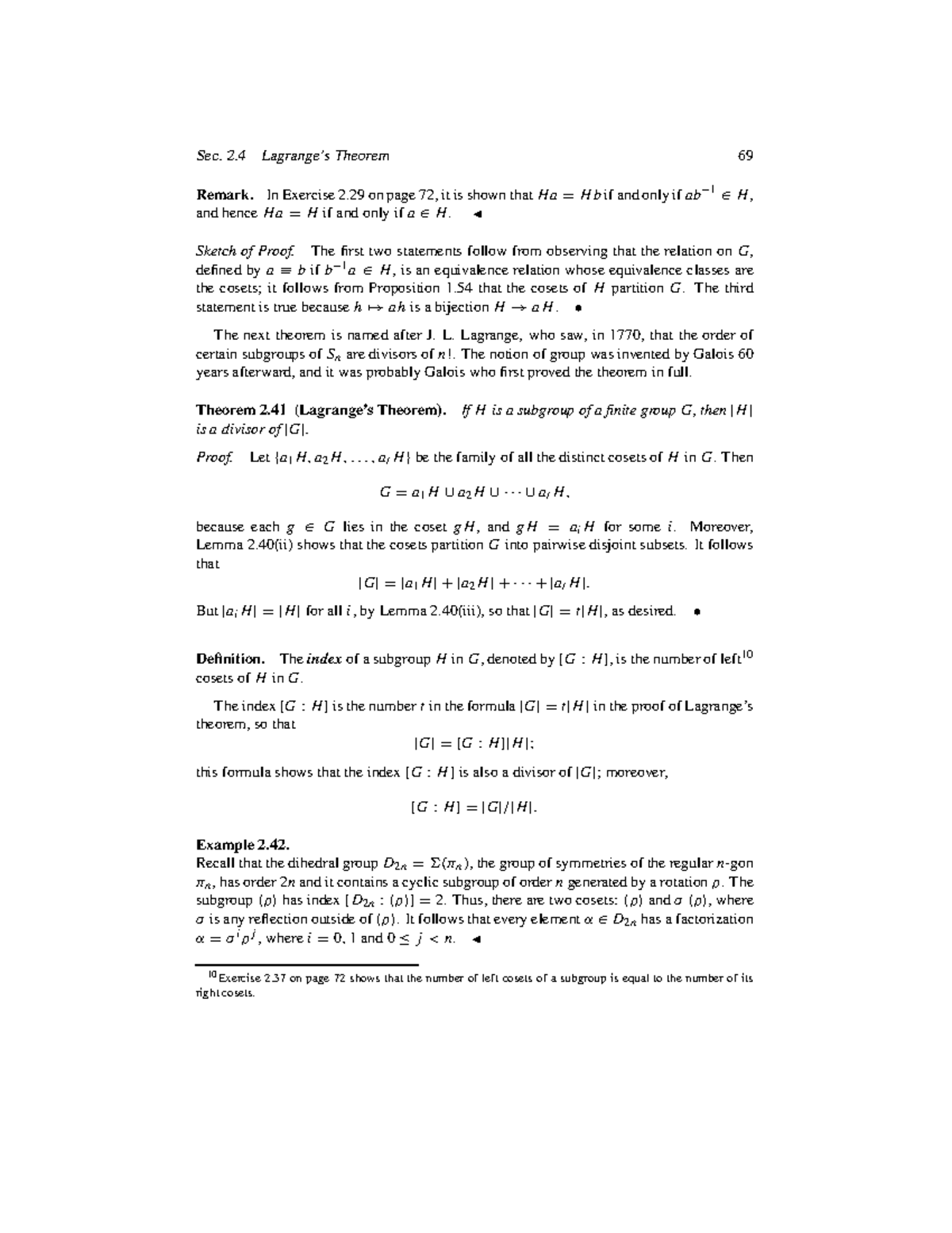 Basic Algebra 101 - Sec. 2 Lagrange’s Theorem 69 Remark. In Exercise 2 ...