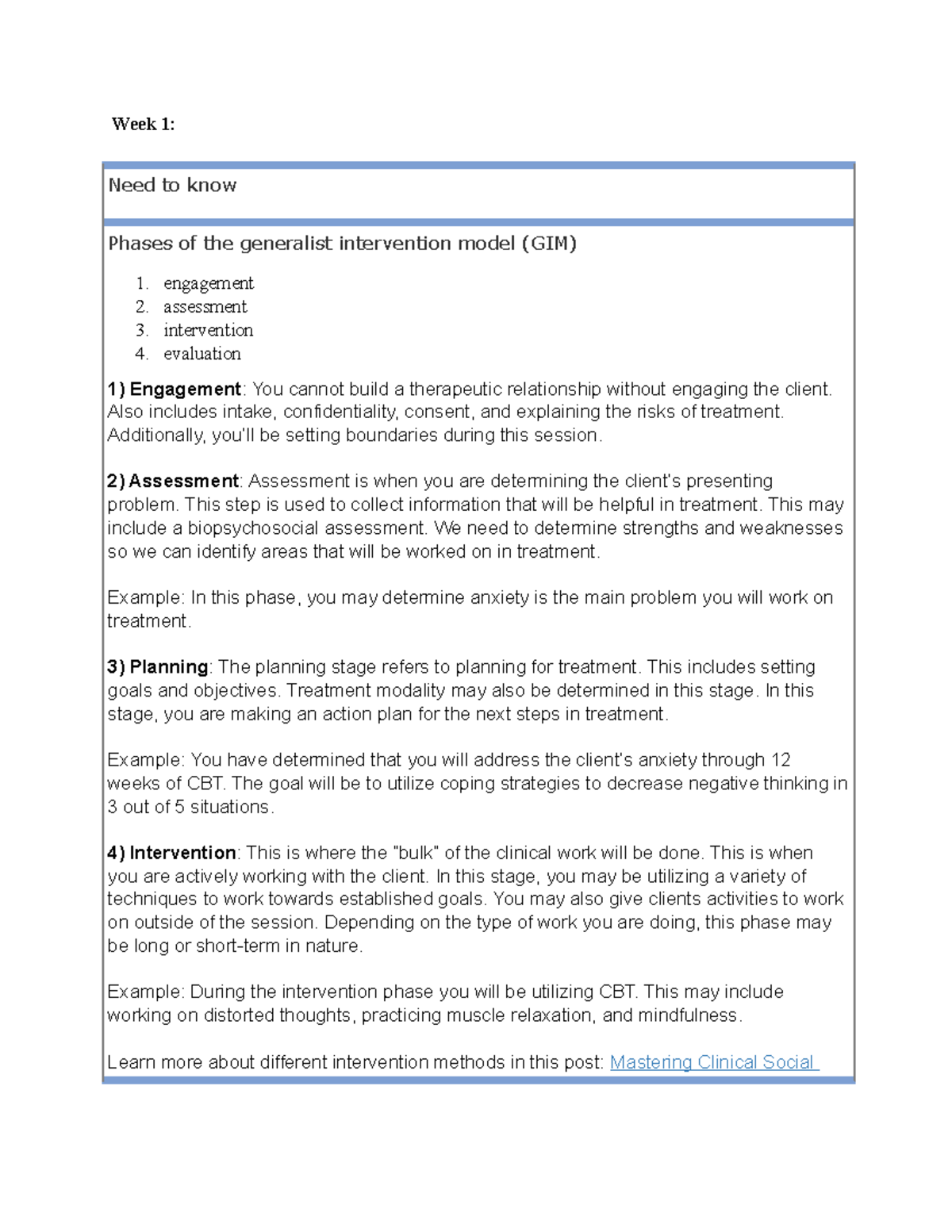 Exam notes - Week 1: Need to know Phases of the generalist intervention ...