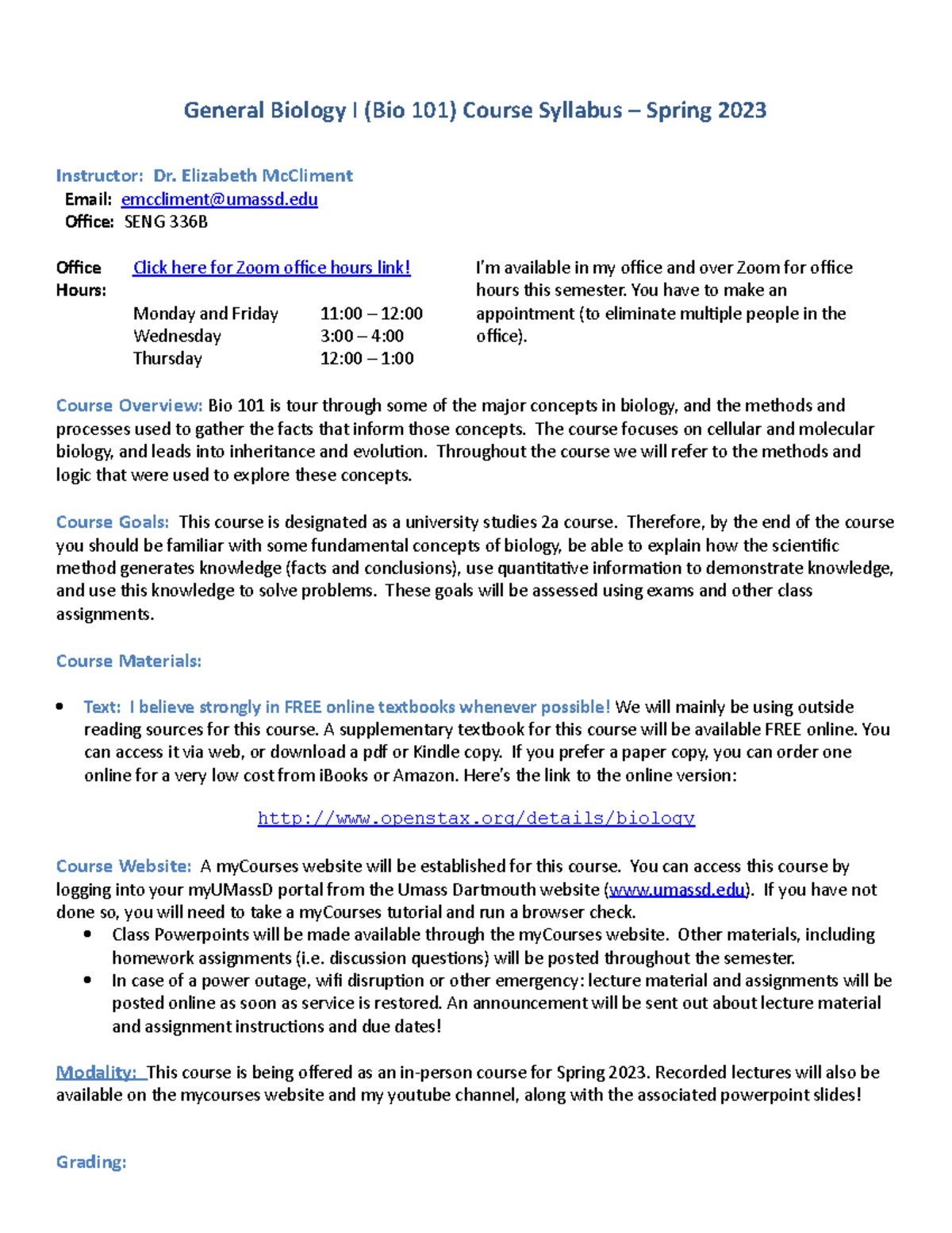 Bio 101 Spring 2023 syllabus - General Biology I (Bio 101) Course ...