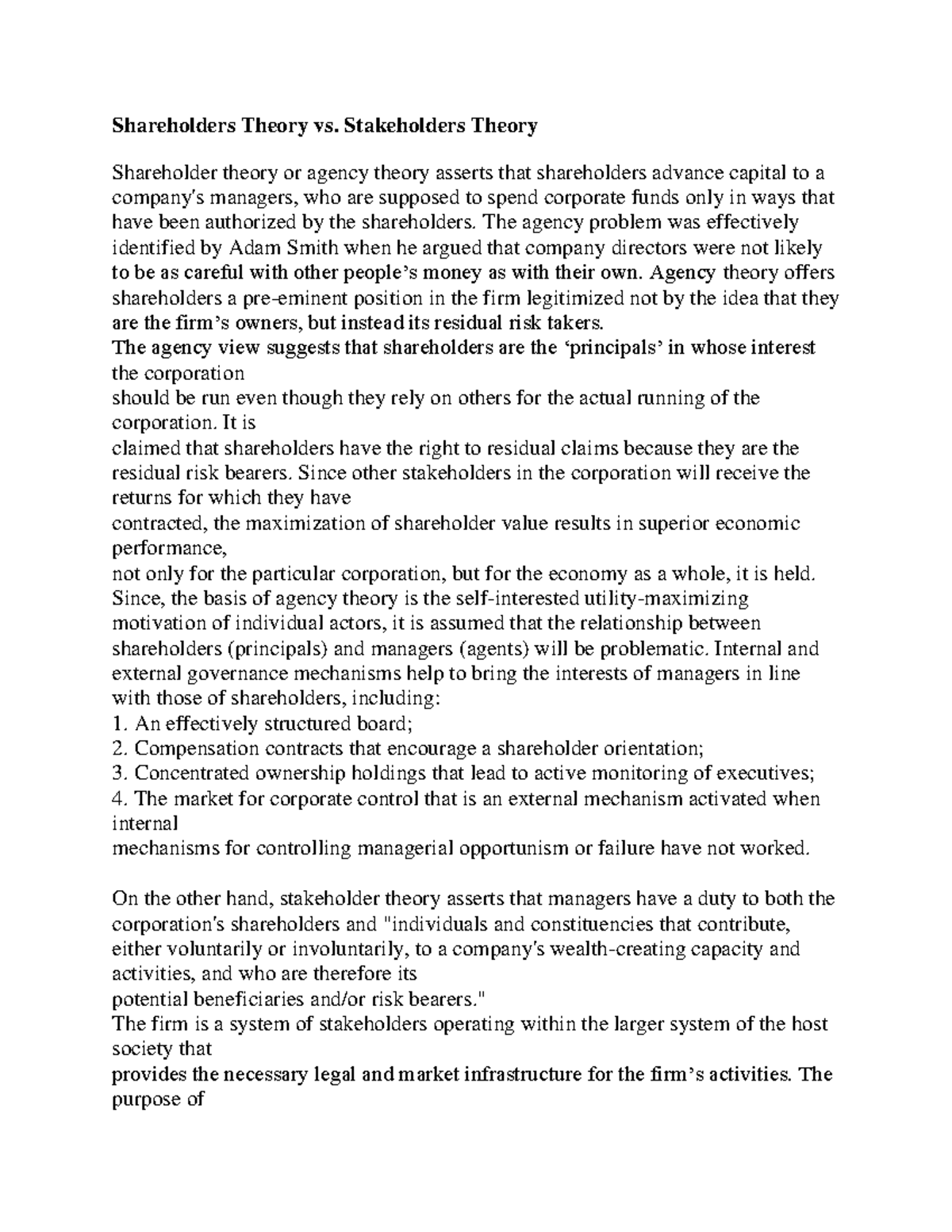 Corporate Governance Pdf - Shareholders Theory vs. Stakeholders Theory ...