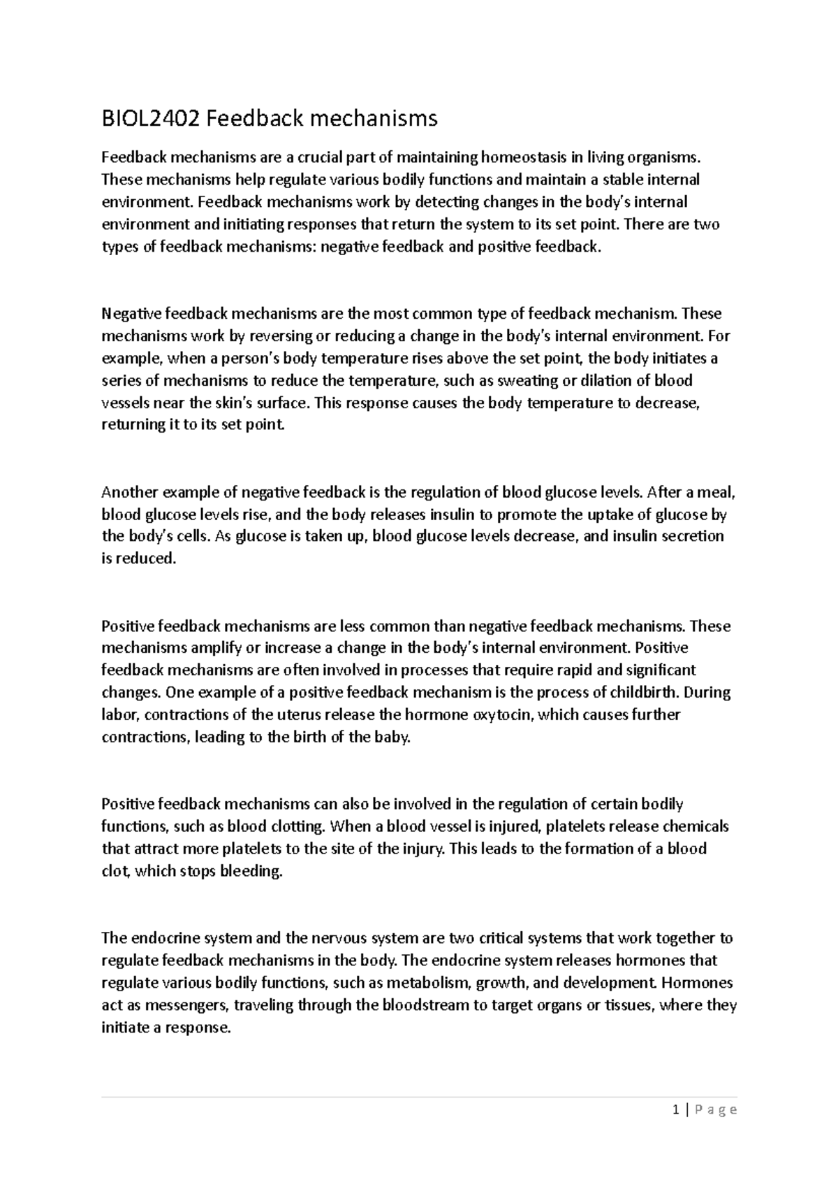BIOL2402 Feedback mechanisms - BIOL2402 Feedback mechanisms Feedback ...