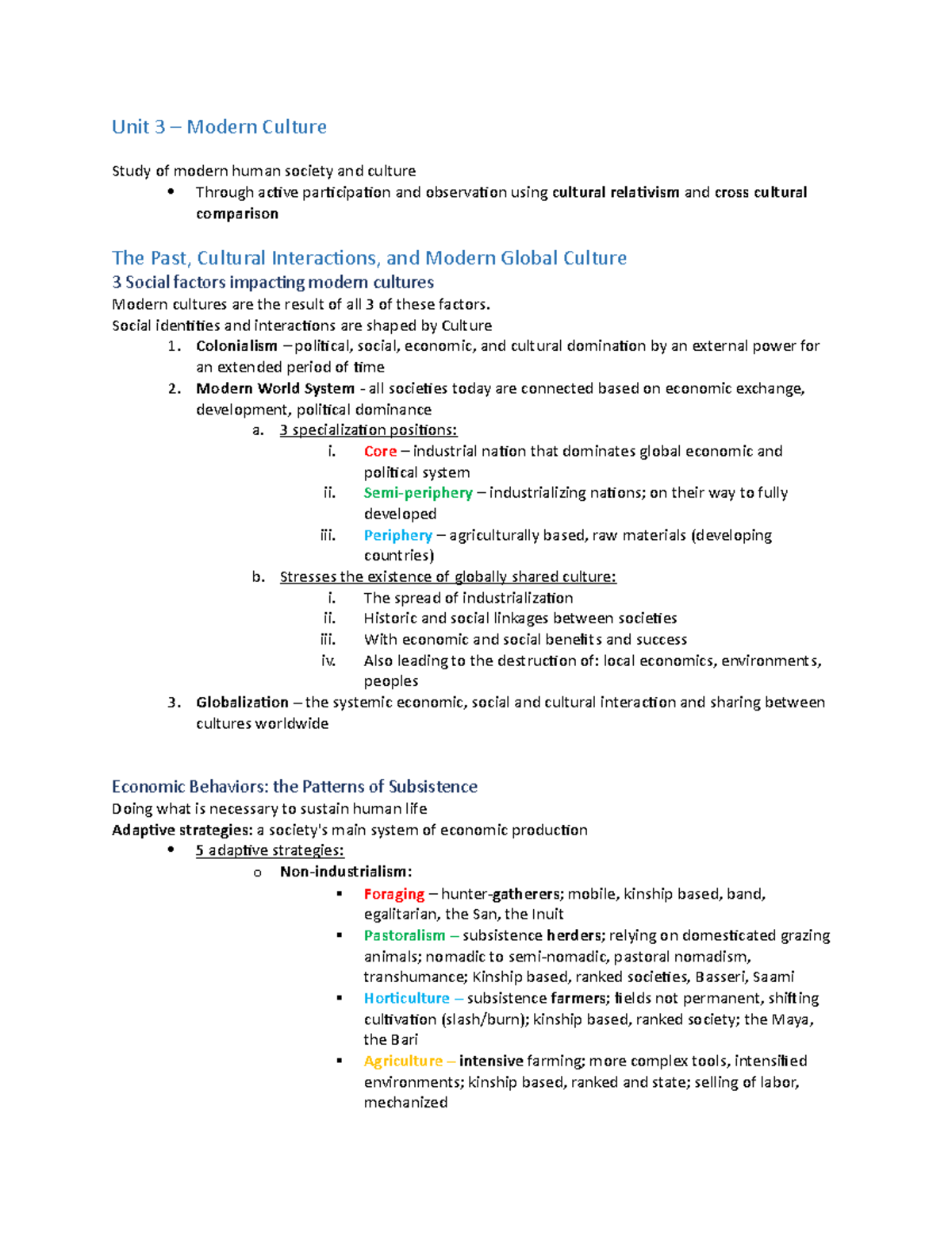 Unit 3 - ANTH - Modern culture notes - test 3 material - Unit 3 ...