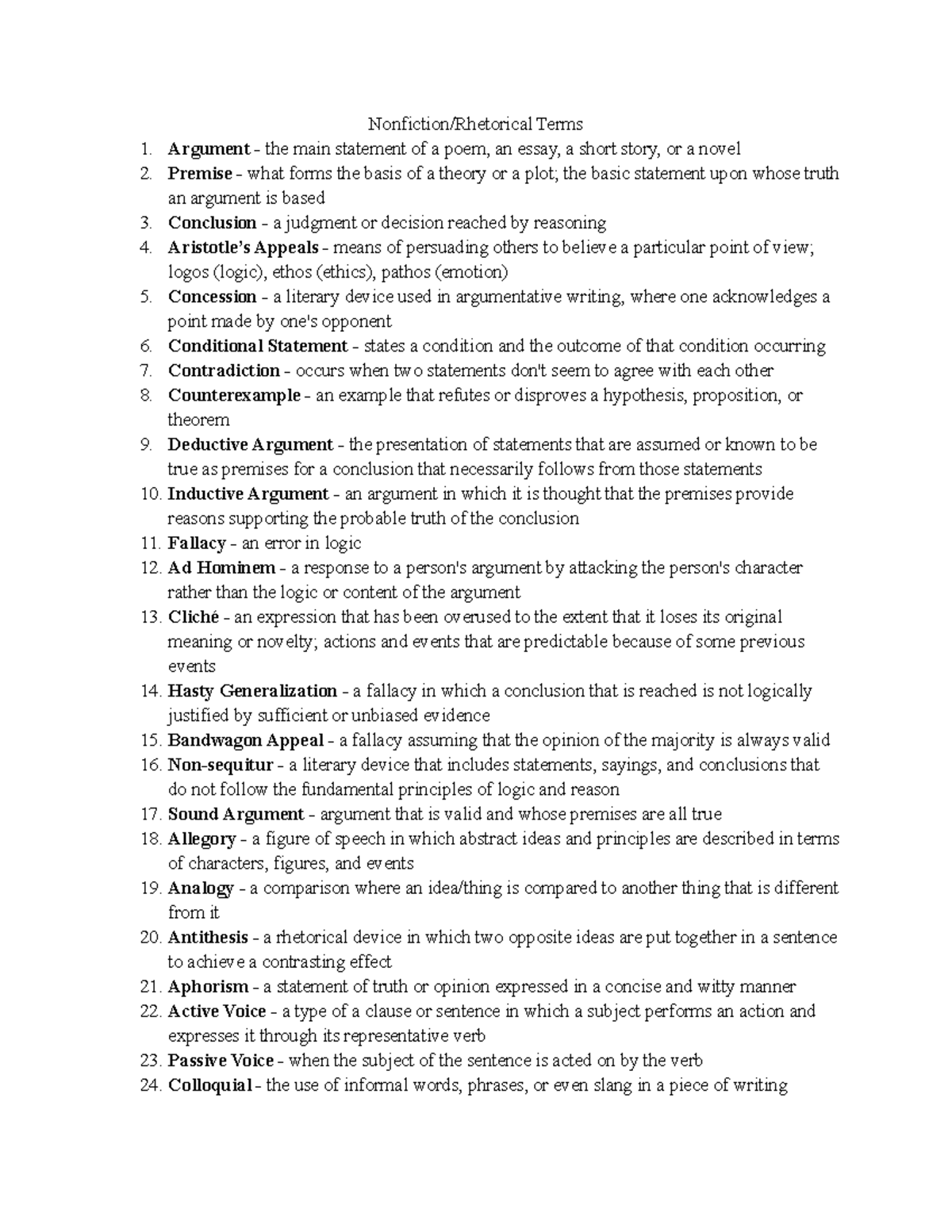 Nonfiction Rhetorical Terms - Nonfiction/Rhetorical Terms Argument ...