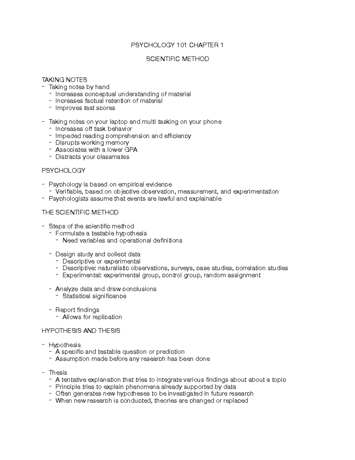 Psych 101 Chapter 1 - PSYCHOLOGY 101 CHAPTER 1 SCIENTIFIC METHOD TAKING ...