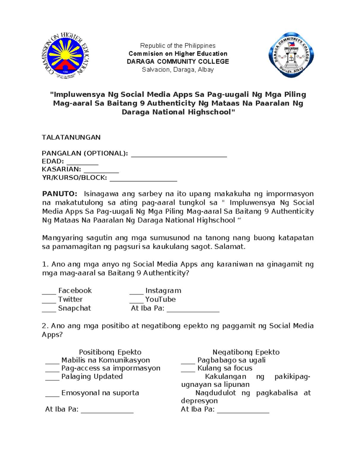 Survey-Questionnaire - Republic of the Philippines Commision on Higher ...