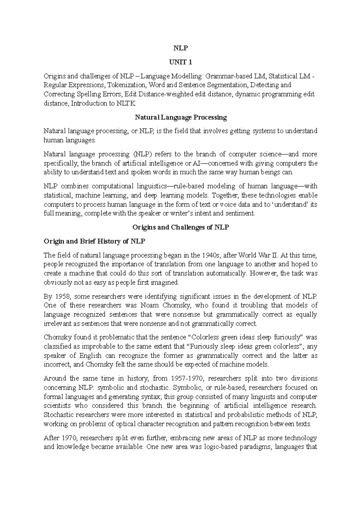 Unit 1 - I need notes - NLP UNIT 1 Origins and challenges of NLP ...