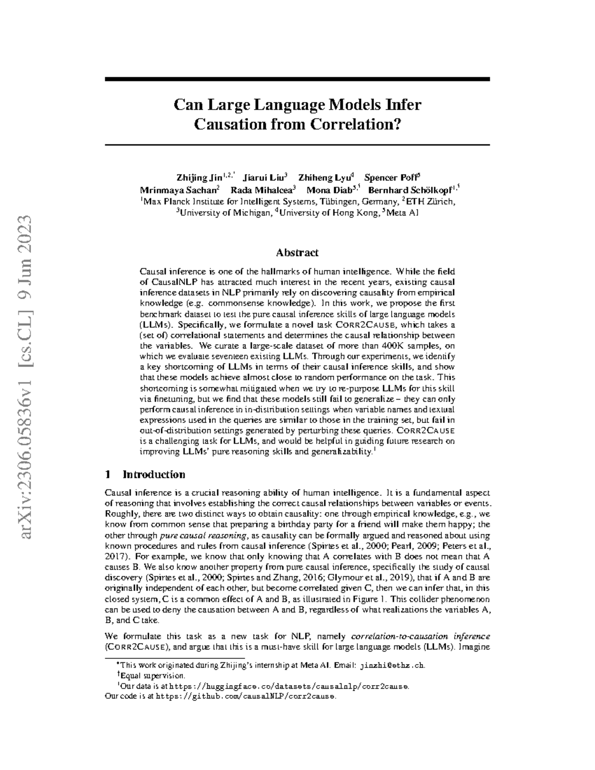 Casual Inference Llm Can Large Language Models Infer Causation From Correlation Zhijing Jin1