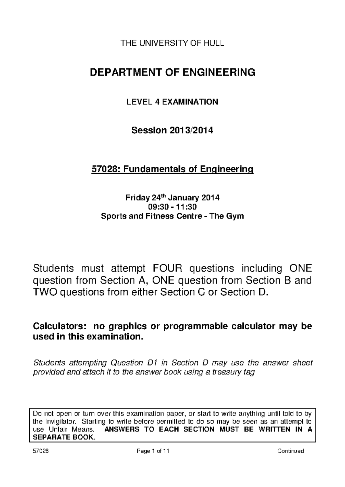 Fundamentals of engineering Exam 2014 - THE UNIVERSITY OF HULL ...